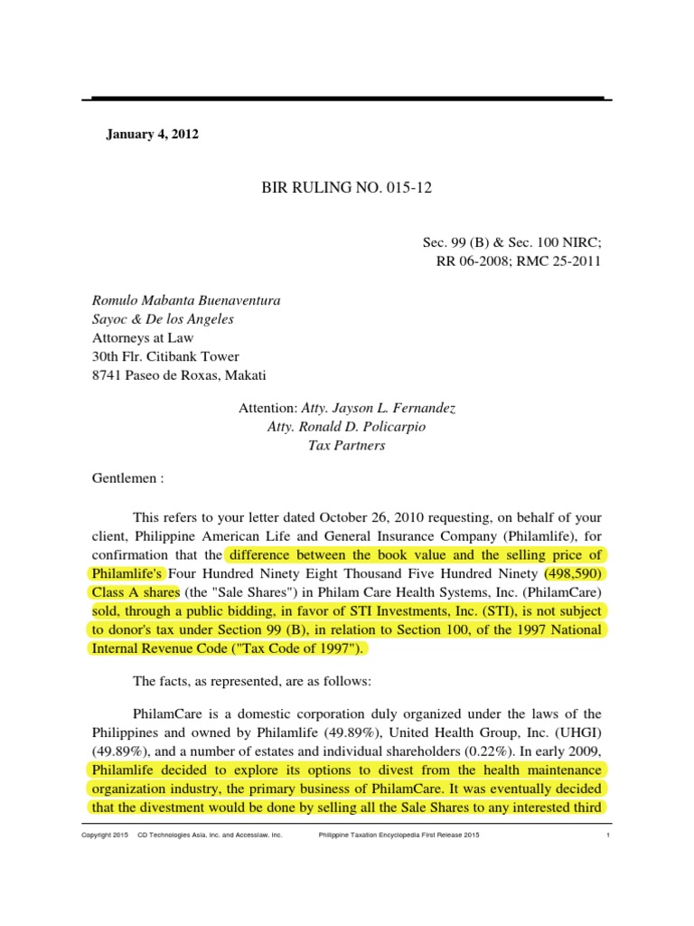 BIR Ruling No. 015-12 | PDF | Taxes | Stocks