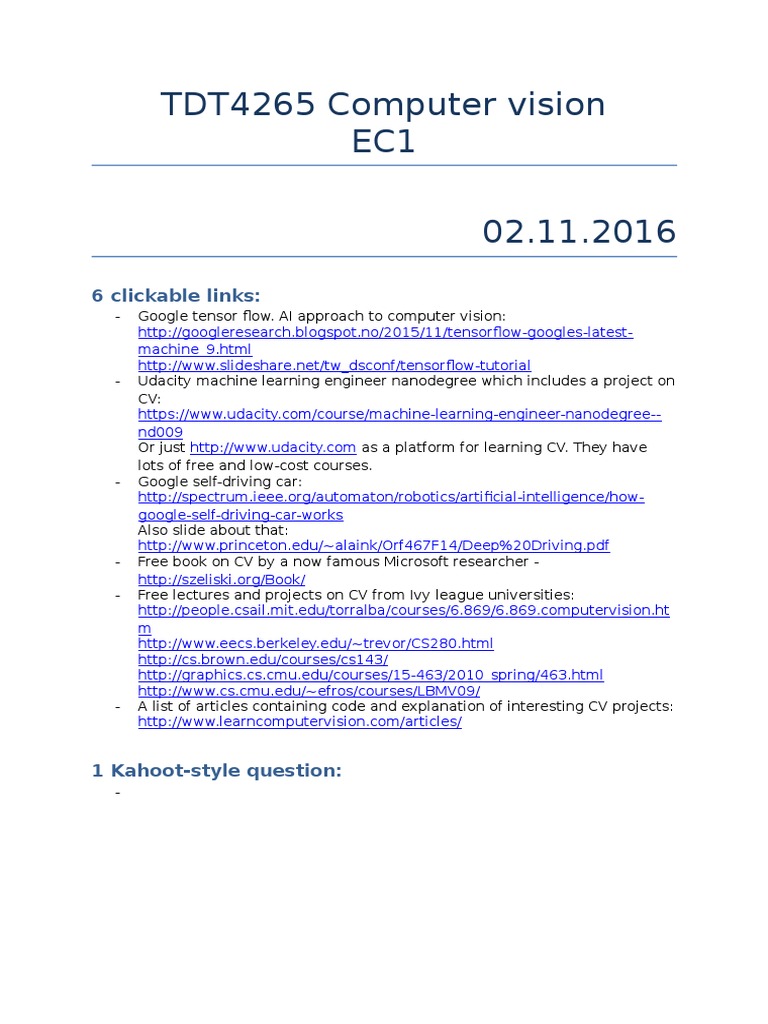 TDT4265 Computer Vision EC1 Resources | PDF