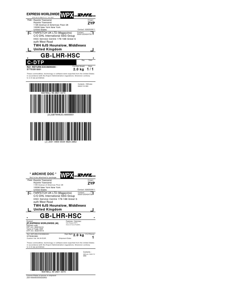 Shipping Label AWB EXC6896400 PDF | PDF