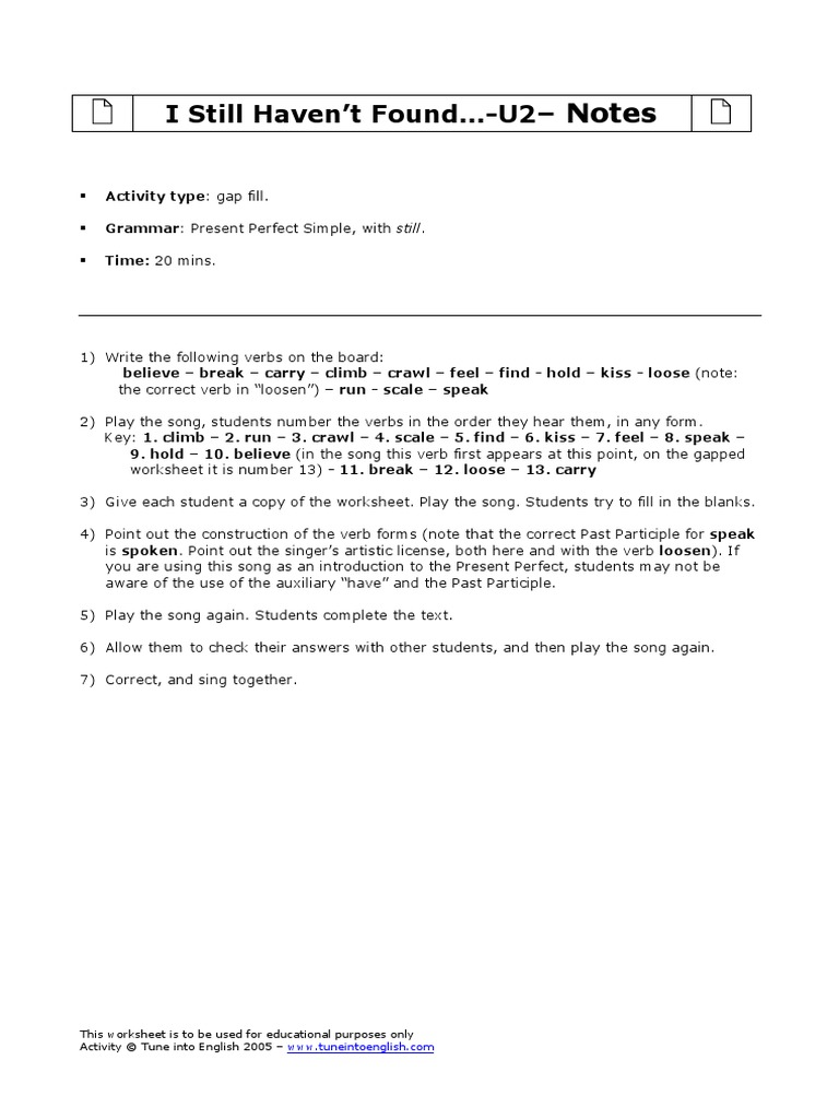 Present Perfect - U2 - I Still Haven't Found Wha I'm Looking For | PDF ...