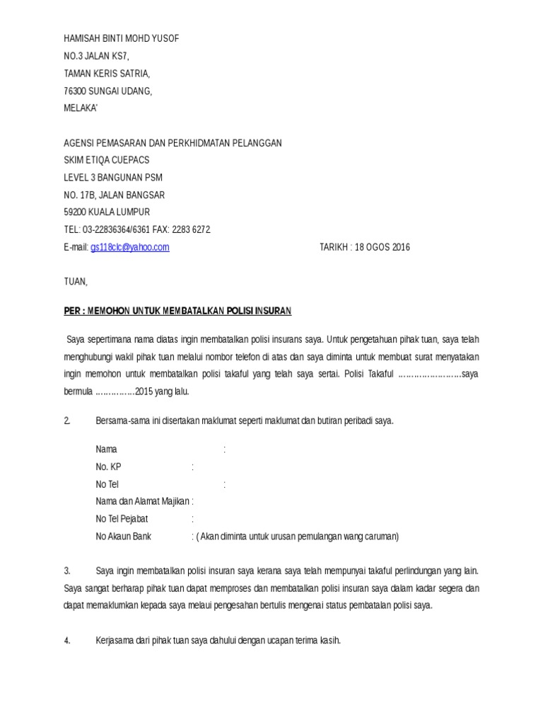 Documents - Tips Permohonan Membatalkan Polisi Insurans Takaful | PDF