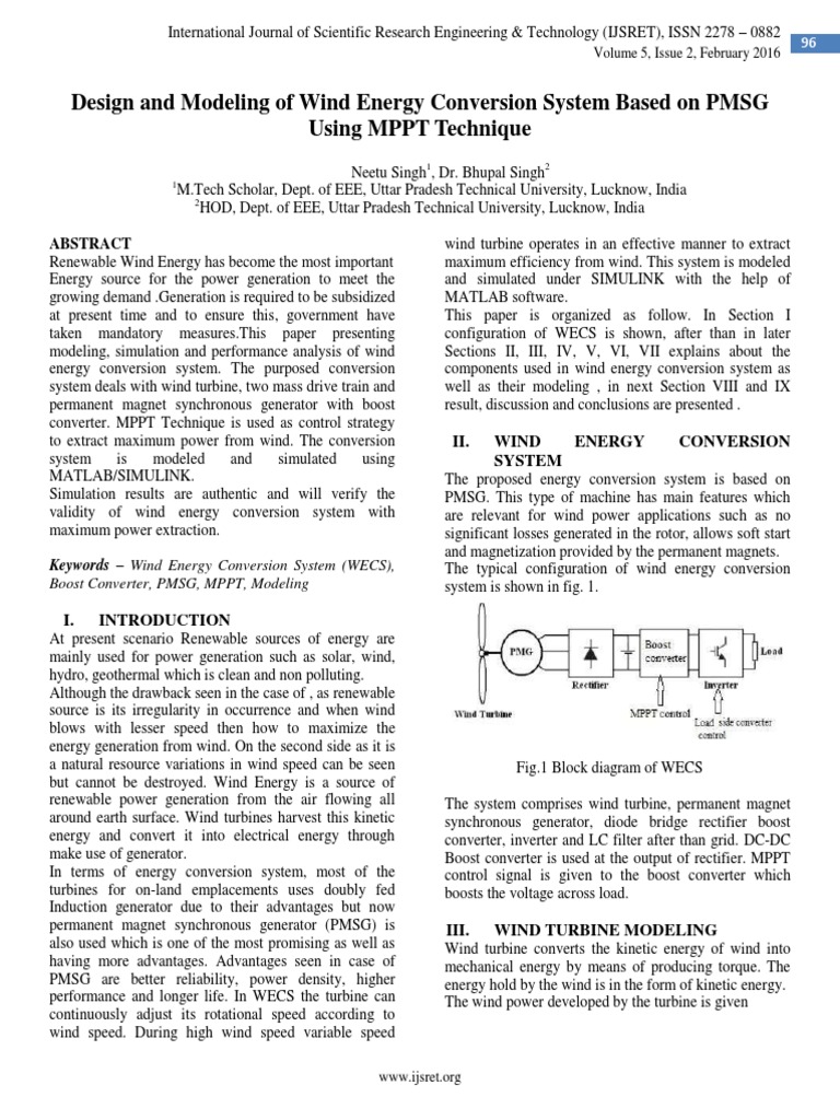 Design and Modeling of Wind Energy Conversion System Based On PMSG Using MPPT Technique | PDF ...