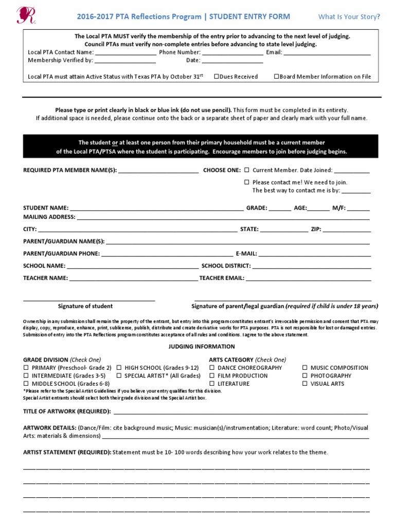 PTA Reflections Student Entry Form | PDF | Career & Growth