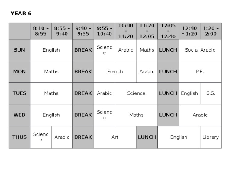 Year 6 Weekly Timetable | PDF