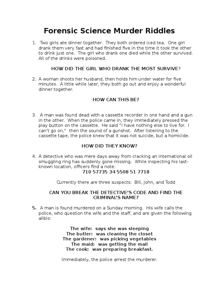 Forensic Science Murder Riddles | PDF | Forensic Science | Crime & Violence