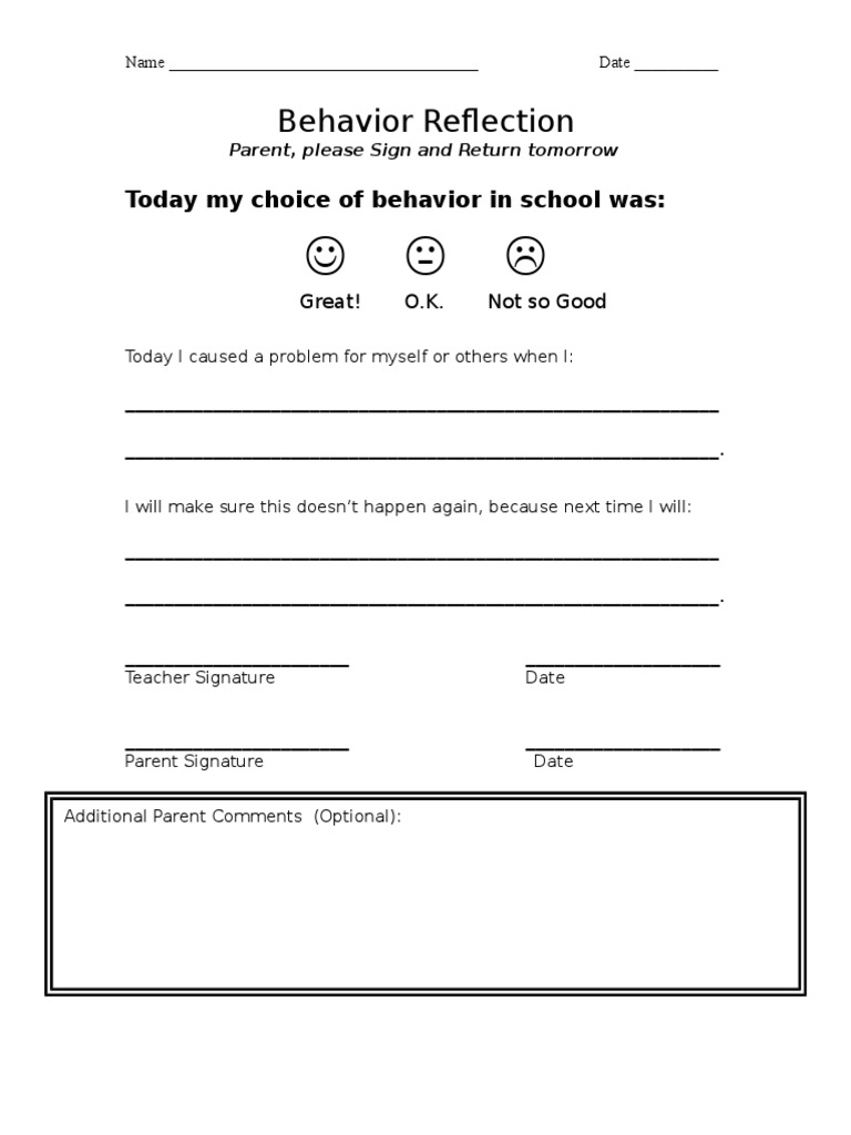 Behavior Reflection: Today My Choice of Behavior in School Was | PDF