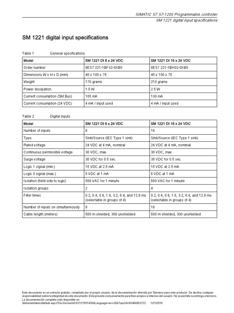 Especificaciones de entrada digital SM 1221 | PDF | Telecomunicaciones ...