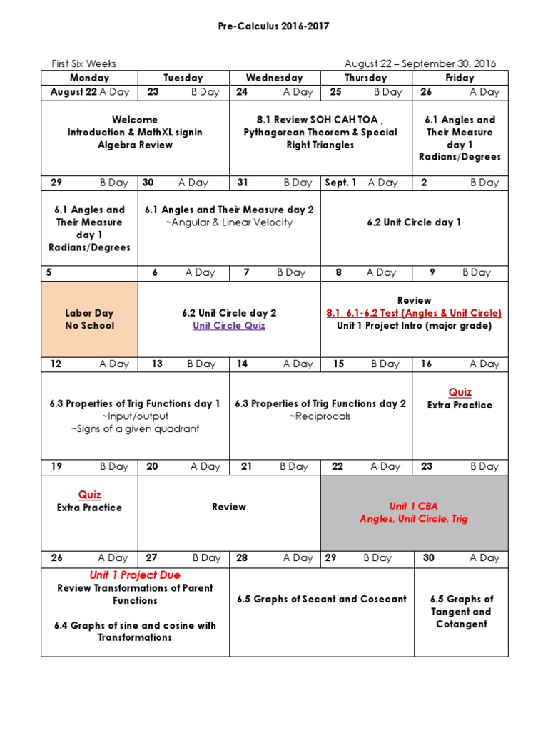 Pre-Calculus Curriculum Overview 2016-2017 | PDF