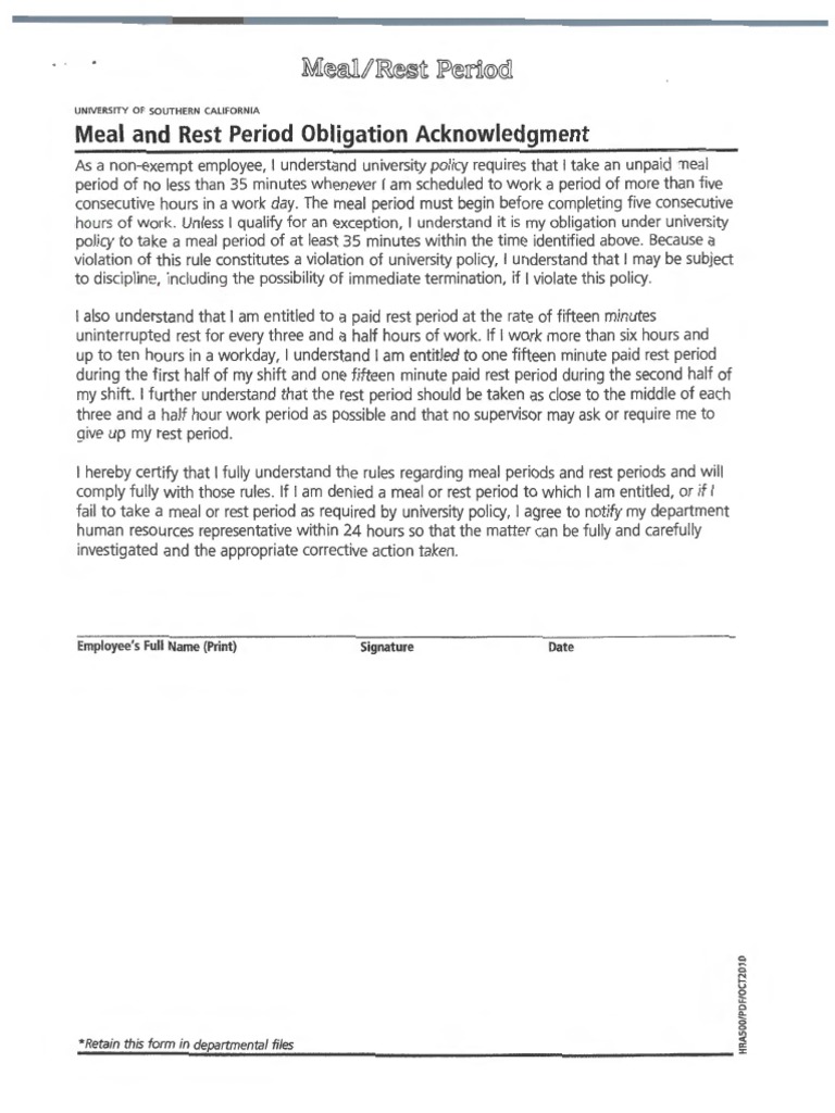 Lp®ri©@: Meal and Rest Period Obligation Acknowledgment | PDF