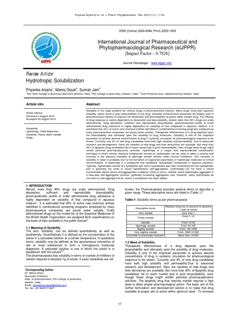 Hydrotropic Solubilization | PDF | Solubility | Chemical Compounds