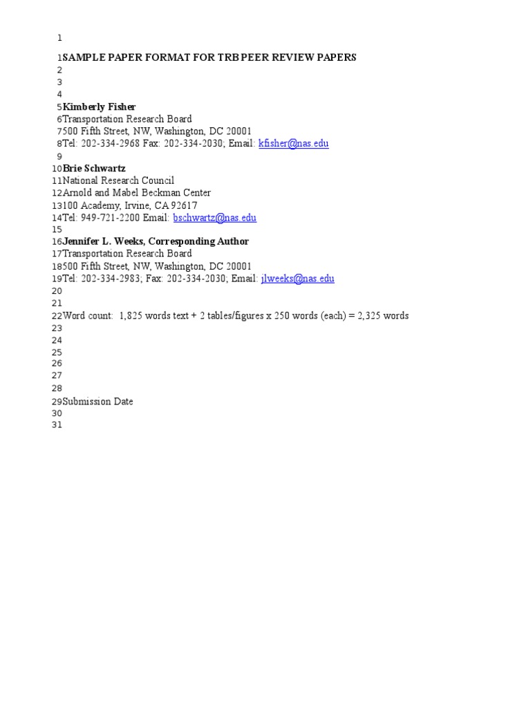 Sample Paper Format For TRB Peer Review Papers: Kfisher@nas - Edu | PDF ...