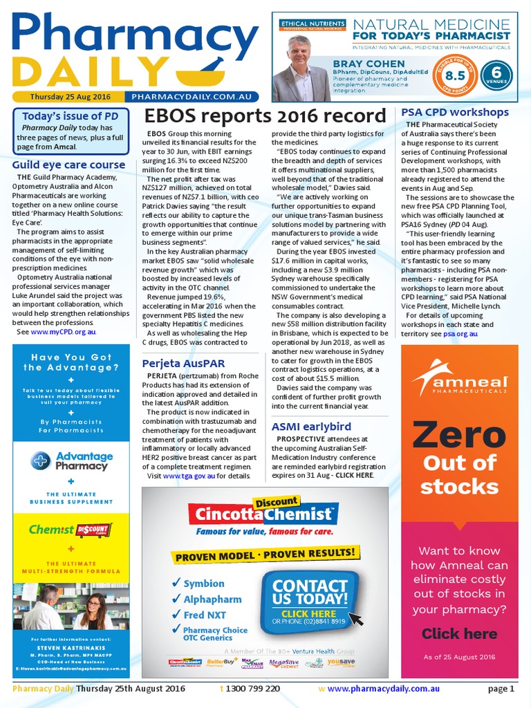 Pharmacy Daily For Thu 25 Aug 2016 - EBOS Reports 2016 Record, HCH ...