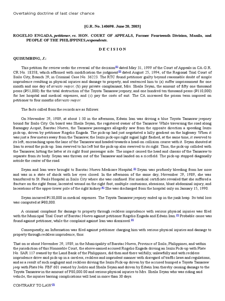 Last Clear Chance Doctrine in Traffic Case | PDF | Traffic | Negligence