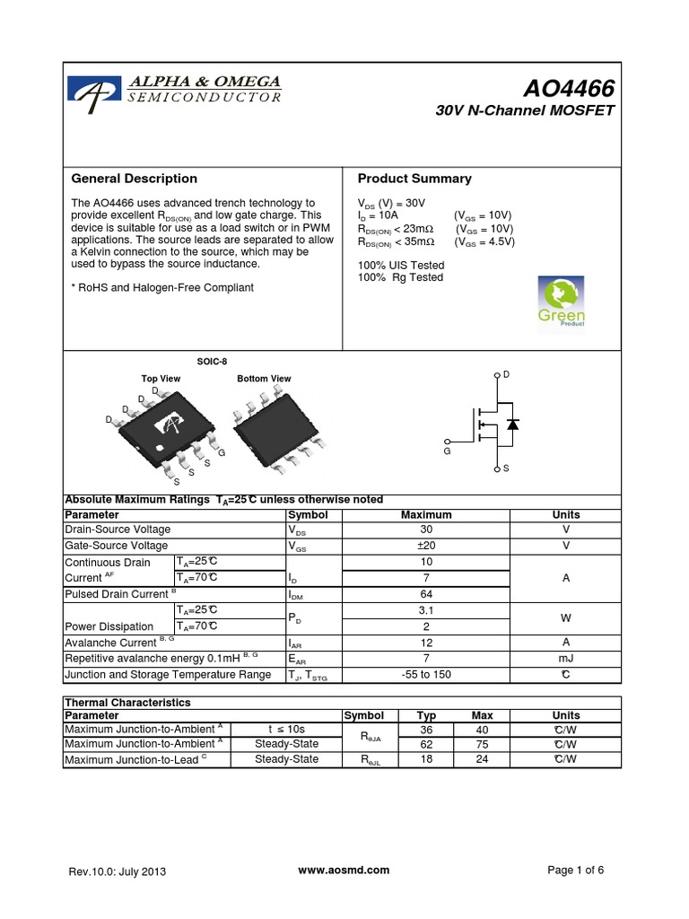 30V N-Channel MOSFET AO4466 | PDF | Field Effect Transistor | Diode