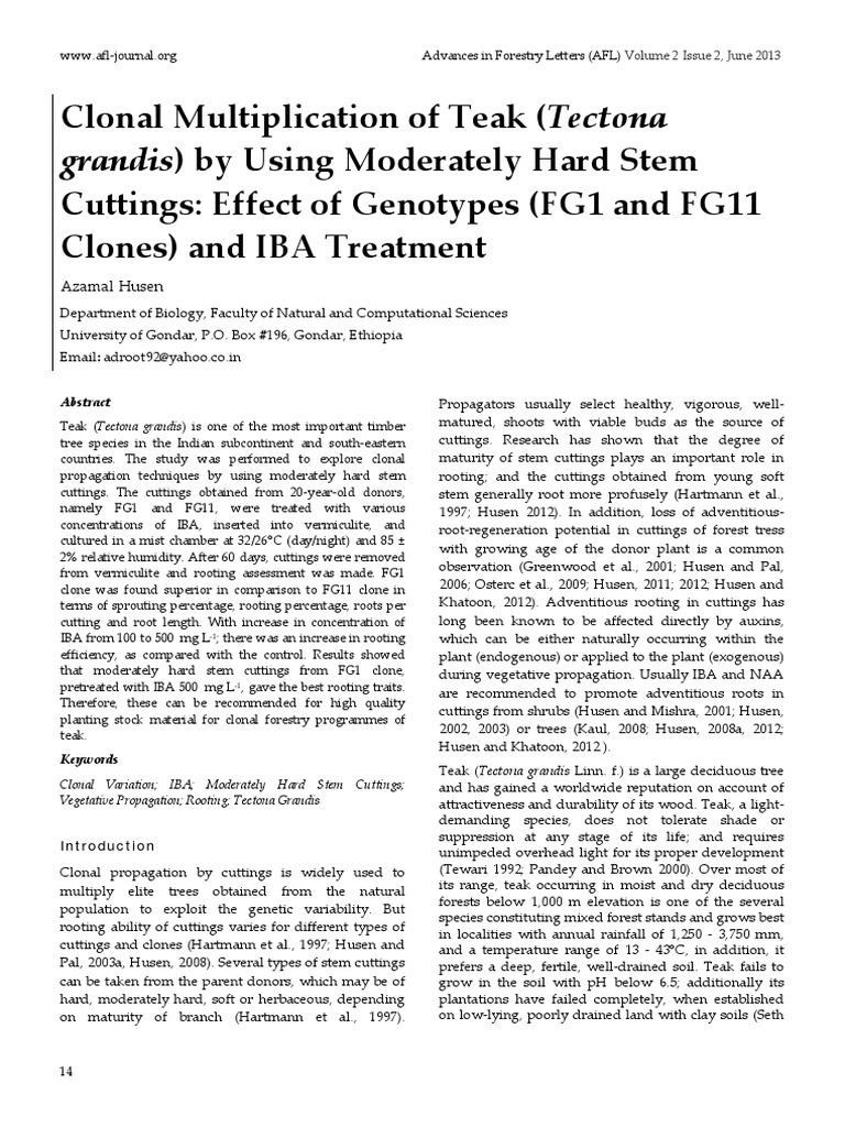 Clonal Multiplication of Teak (Tectona Grandis) by Using Moderately ...
