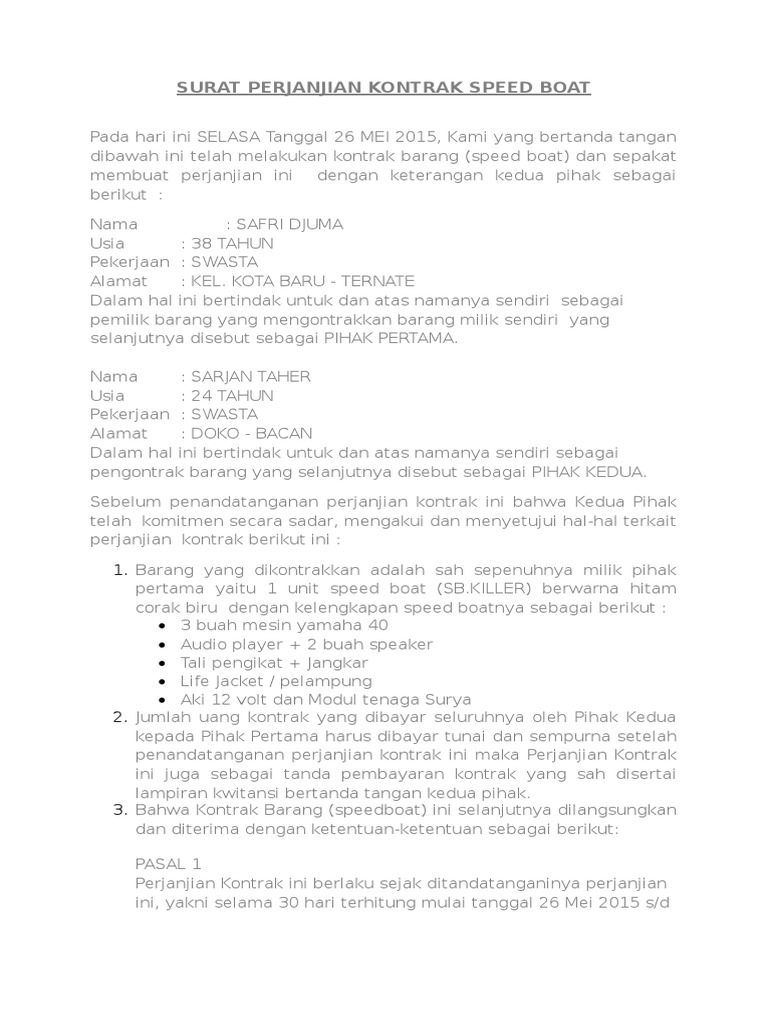 Surat Perjanjian Kontrak Speed Boat | PDF