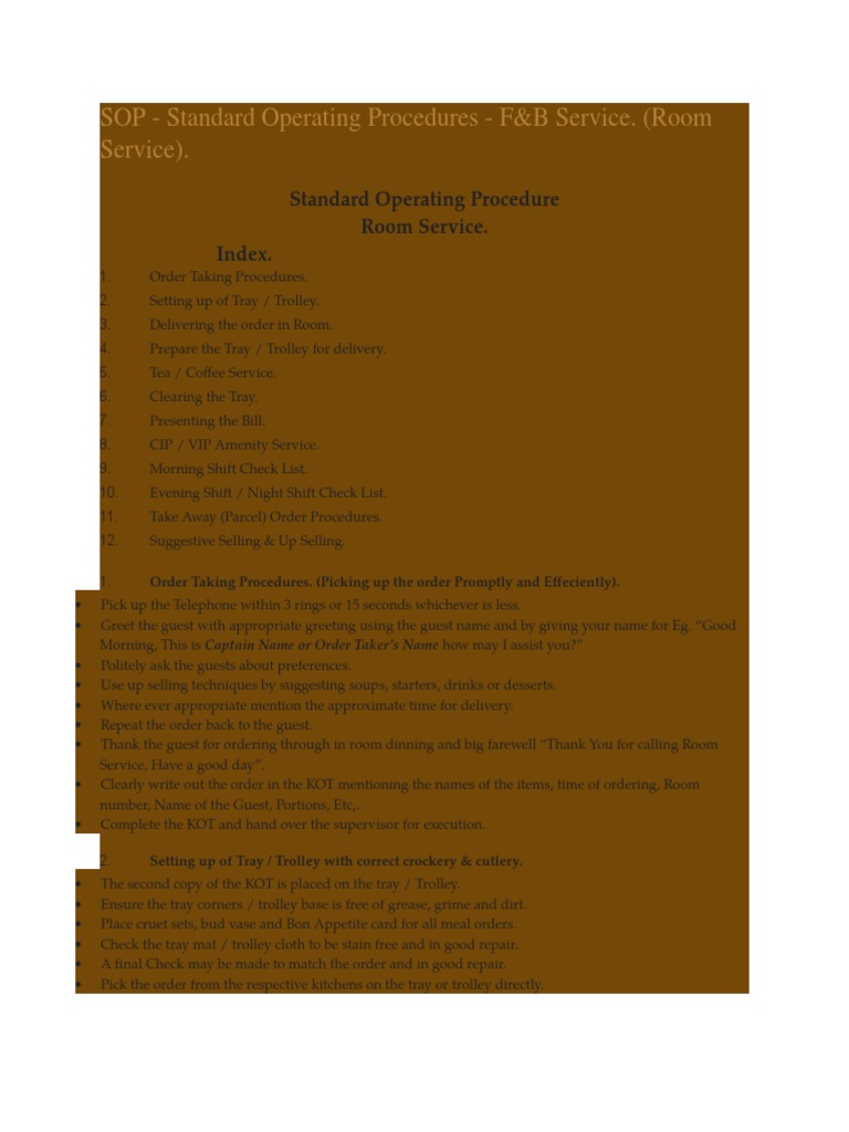 SOP Standard Operating Procedures F&B Service. (Room Service) | PDF ...