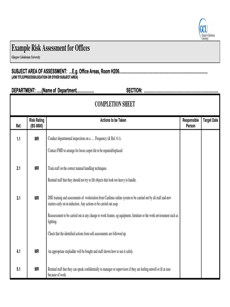 Example Risk Assessment for Offices: Completion Sheet | Occupational ...