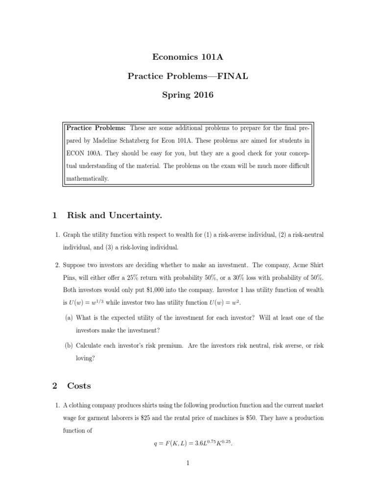 Econ 101A Final Exam Practice Problems | PDF | Long Run And Short Run ...