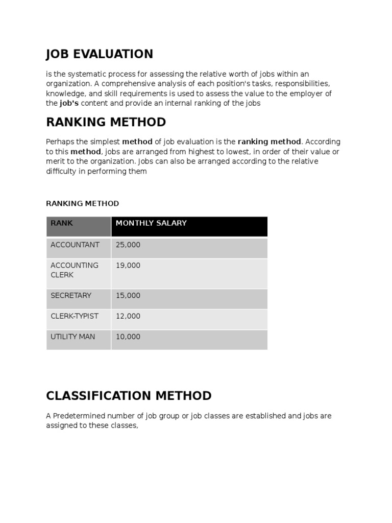 Job Evaluation: Ranking Method Rank | Download Free PDF | Cognitive ...