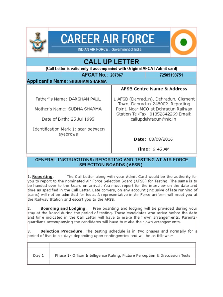 Call Up Letter: Afcat No.: Applicant's Name | PDF | Identity Document ...