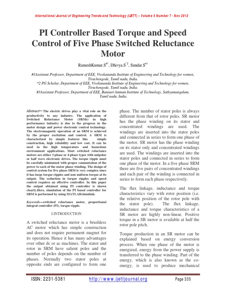 PI Controller Based Torque and Speed Control of Five Phase Switched ...