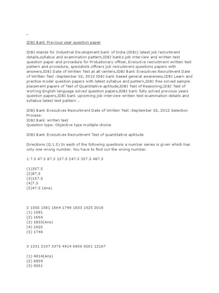 IDBI Bank Previous Year Question Paper | PDF | Job Interview | Test ...