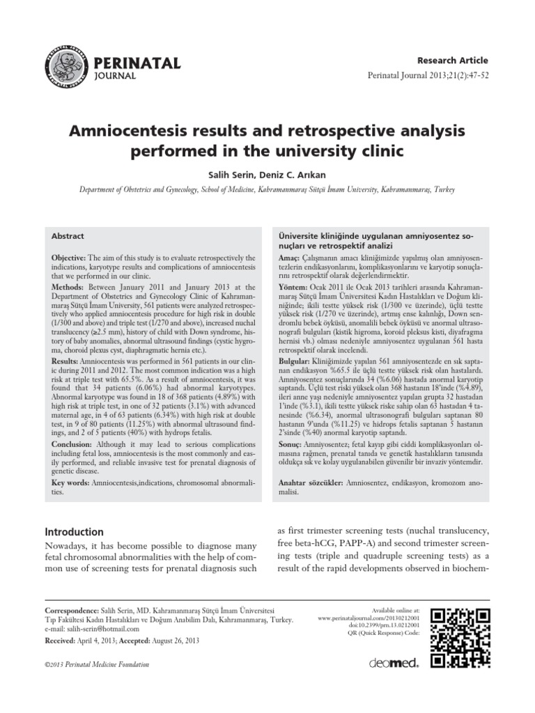 Amniocentesis Results and Retrospective Analysis Performed in The ...