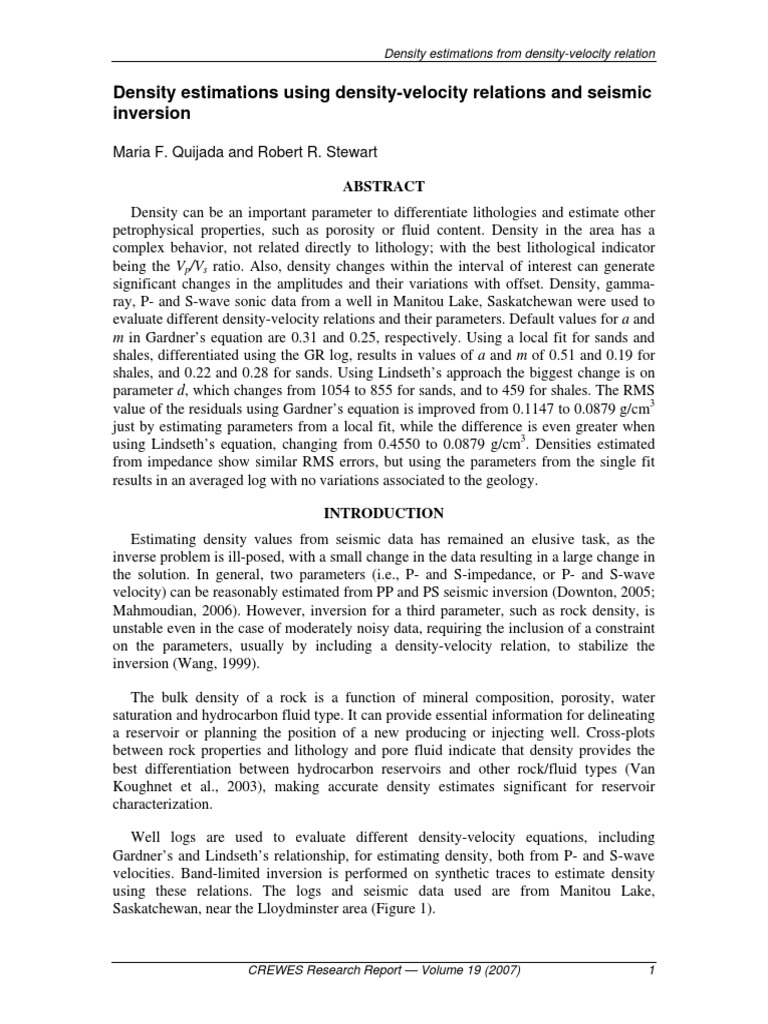 Density Estimations Using Density-Velocity Relations and Seismic ...