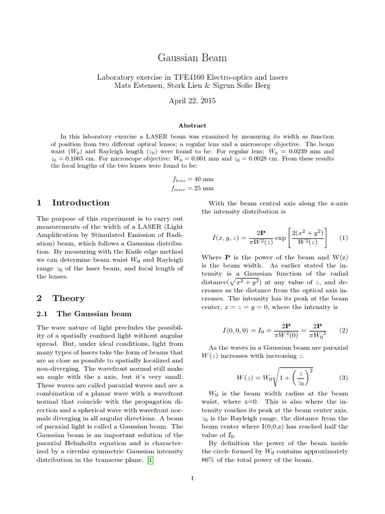 Measuring Gaussian Beam Width Using Lenses | PDF | Lens (Optics) | Optics