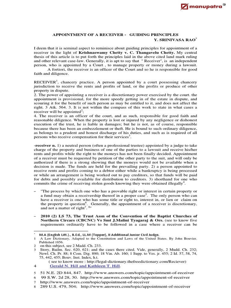 Appointment of Receiver | PDF | Bankruptcy | Receivership