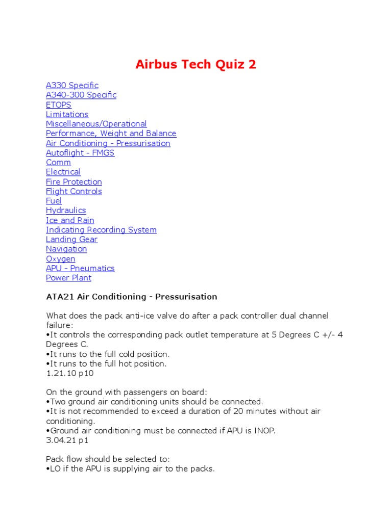 Airbus Tech Quiz 2: ATA21 Air Conditioning - Pressurisation | PDF | Technology & Engineering