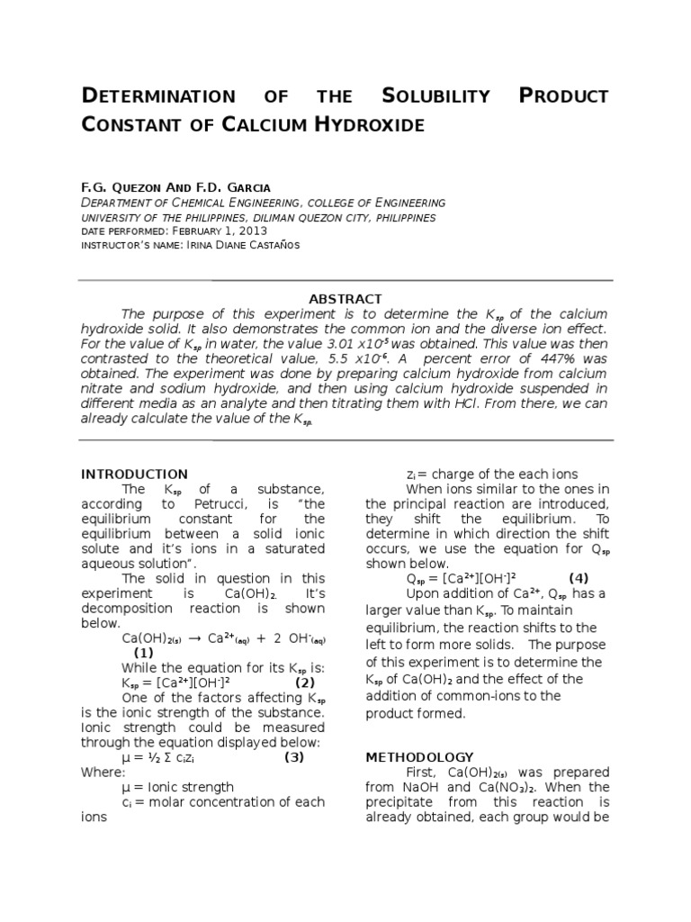 Determination of The Solubility Product Constant of Calcium Hydroxide ...