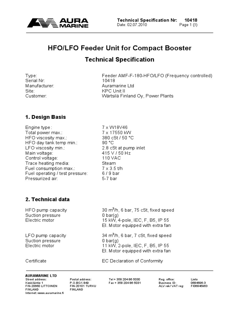 HFO/LFO Feeder Unit For Compact Booster: Technical Specification | PDF ...