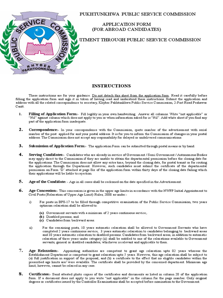 Khyber Pukhtunkhwa Public Service Commission Application Form (For ...