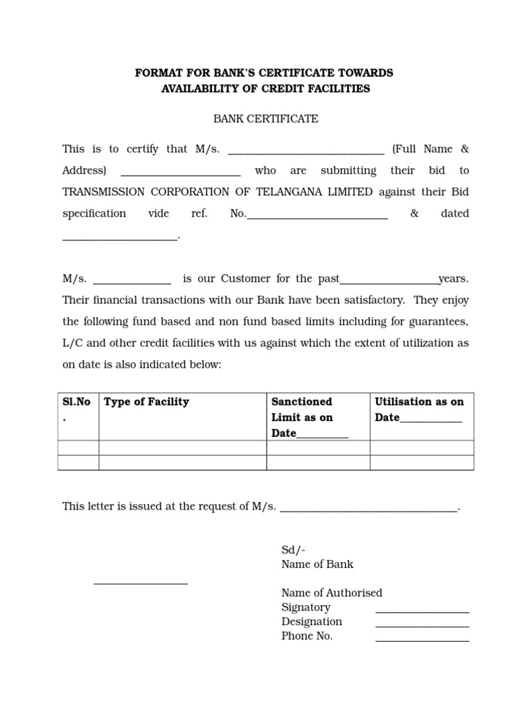 Format For Bank'S Certificate Towards Availability of Credit Facilities ...