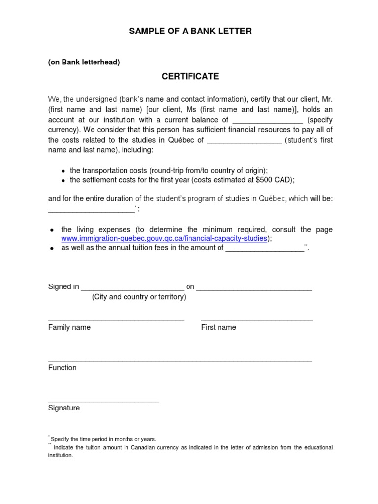 Bank Letter for CAQ Immigration | PDF | Finance & Money Management