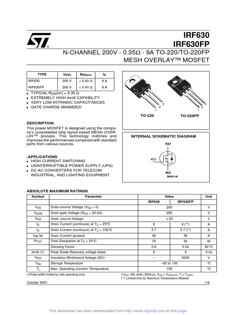 IRF630 IRF630FP: N-CHANNEL 200V - 0.35 - 9A TO-220/TO-220FP Mesh Overlay™ Mosfet | PDF | Field ...