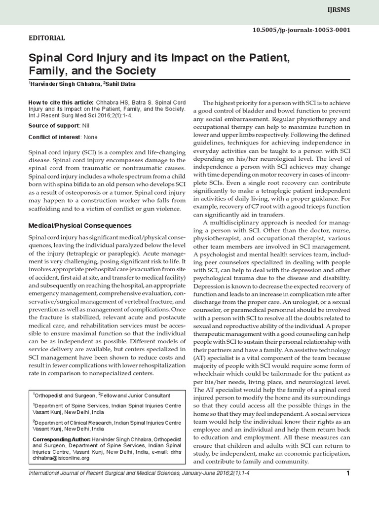 Spinal Cord Injury and Its Impact On The Patient Family and The Society ...