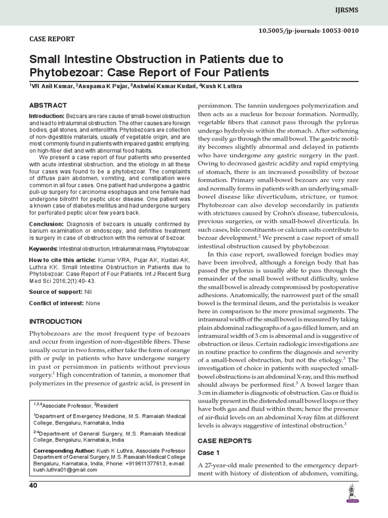 Small Intestine Obstruction in Patients Due To Phytobezoar: Case Report ...