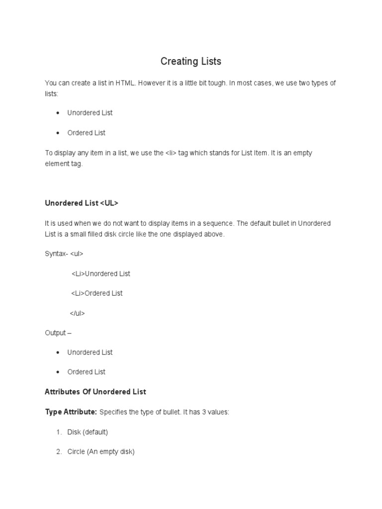 Creating Lists: Unordered List | PDF | Html Element | Computer Data