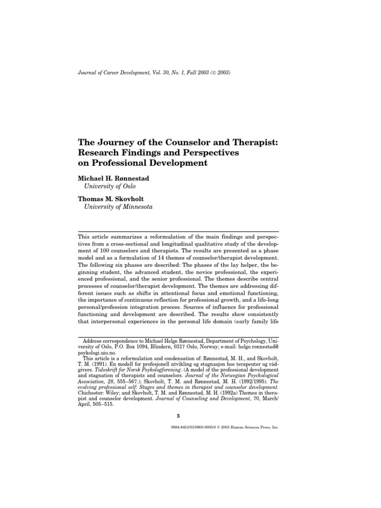 The Journey of The Counselor and Therapist: Research Findings and ...