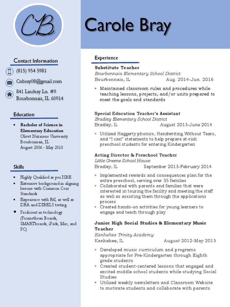 Carolebrayresumeaug 2016 | PDF | Preschool | Common Core State ...