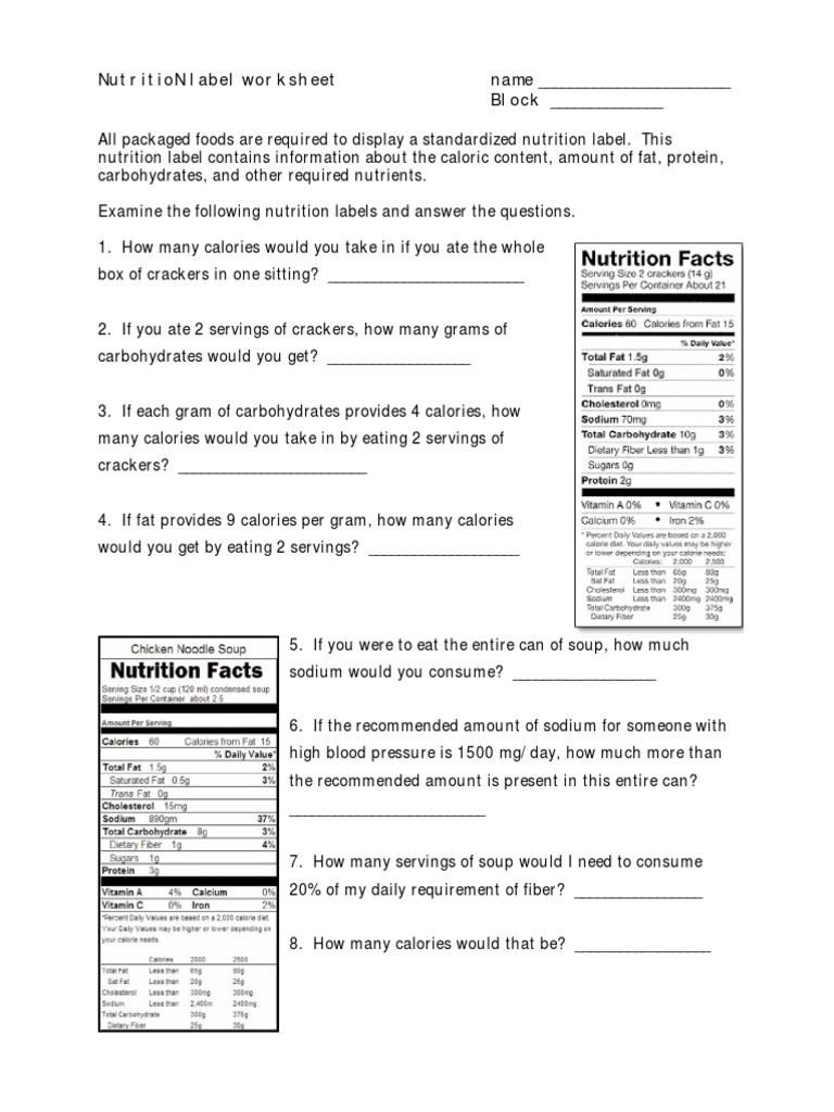 Nutrition Label Worksheet | PDF | Nutrition Facts Label | Food Energy