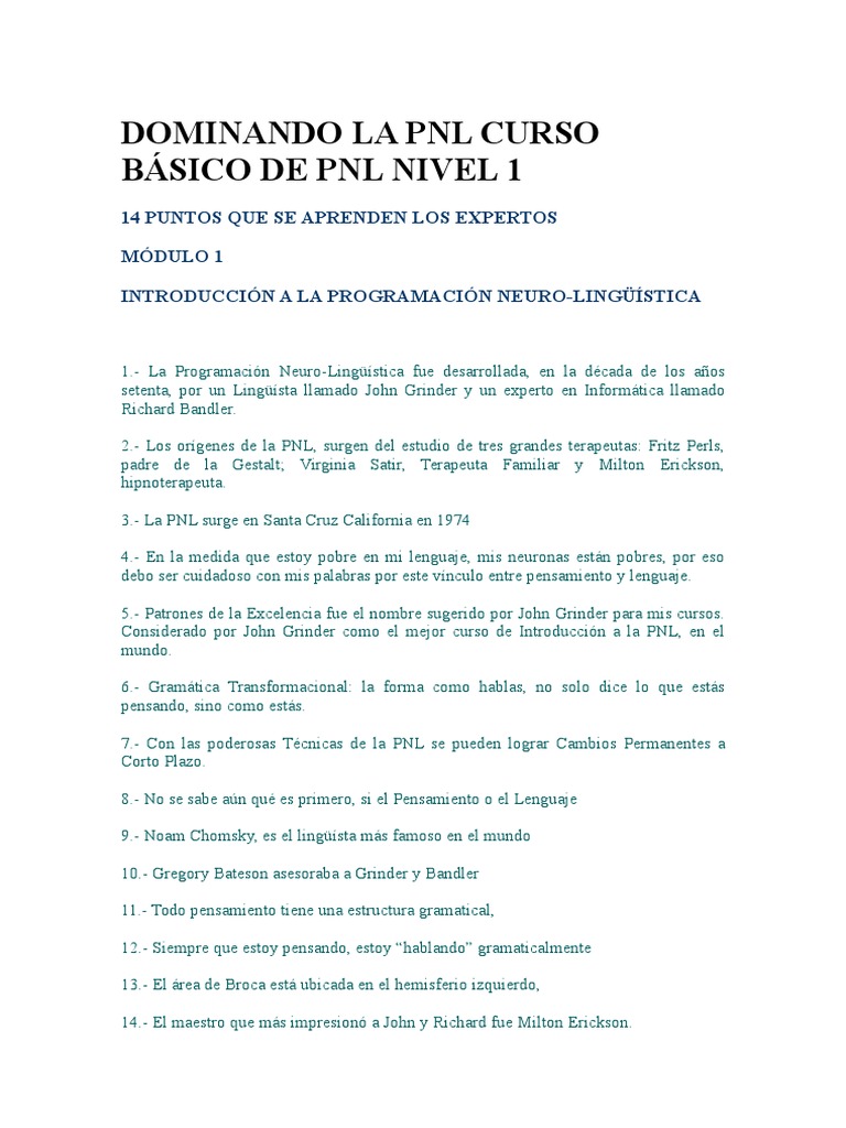 Modulo 1 - Dominando La PNL Curso Básico de PNL Nivel 1 | PDF ...