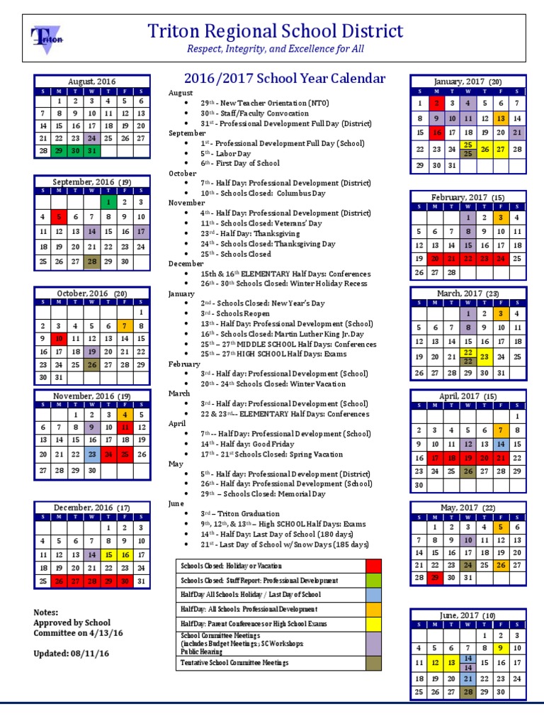 2016-17 School Year Calendar - Updated 081116 | PDF | Unrest | Schools