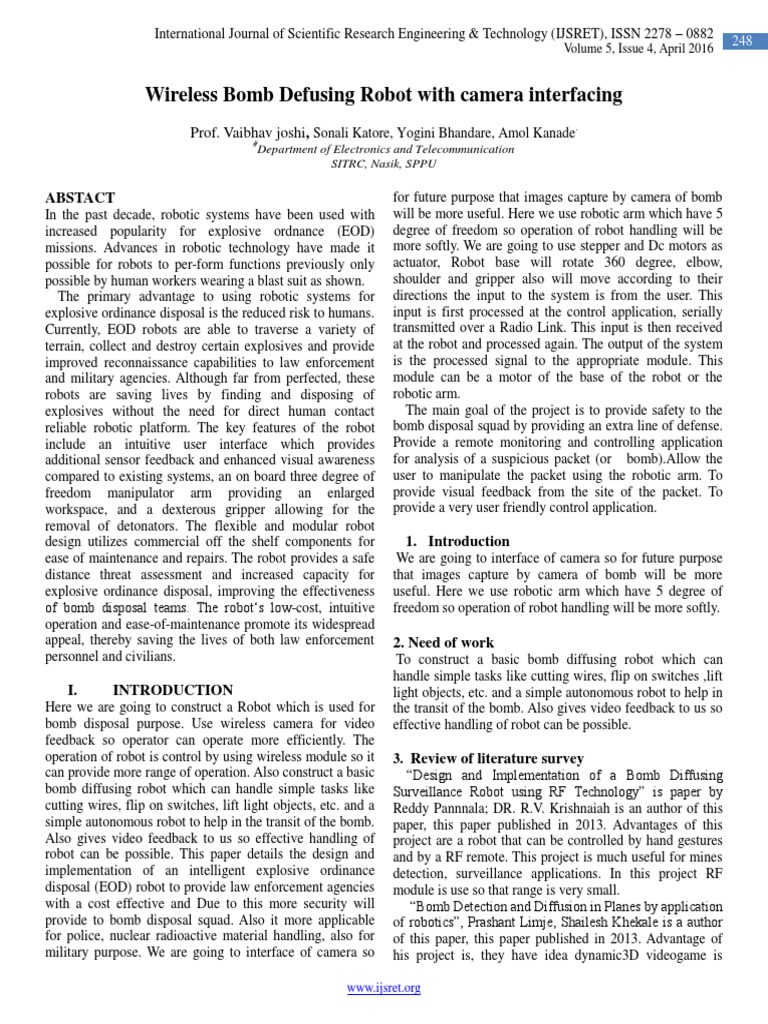 Wireless Bomb Defusing Robot With Camera Interfacing | PDF | Bomb ...