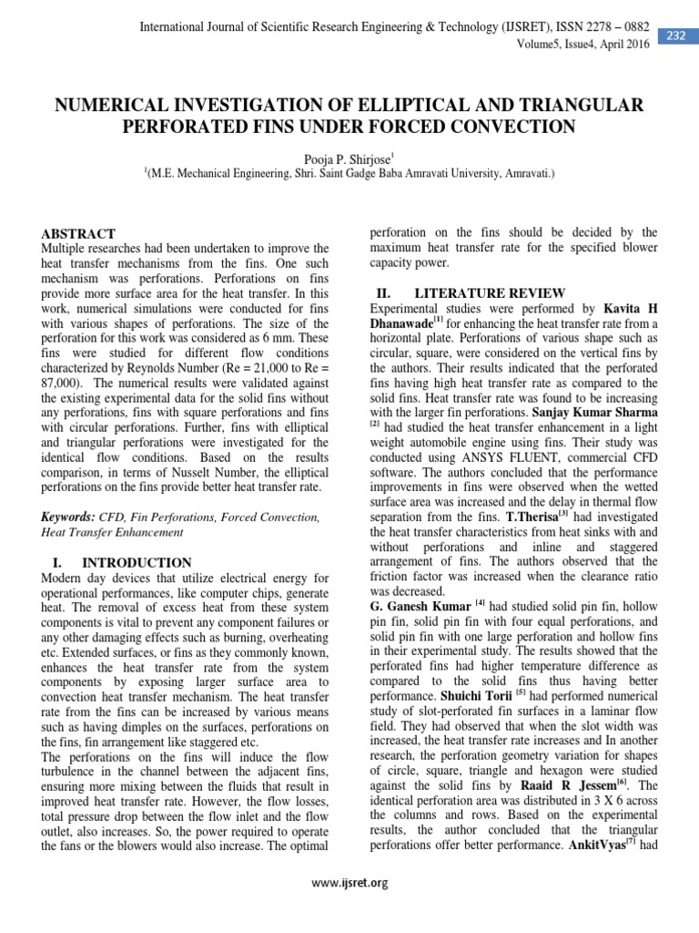 Numerical Investigation of Elliptical and Triangular Perforated Fins Under Forced Convection ...