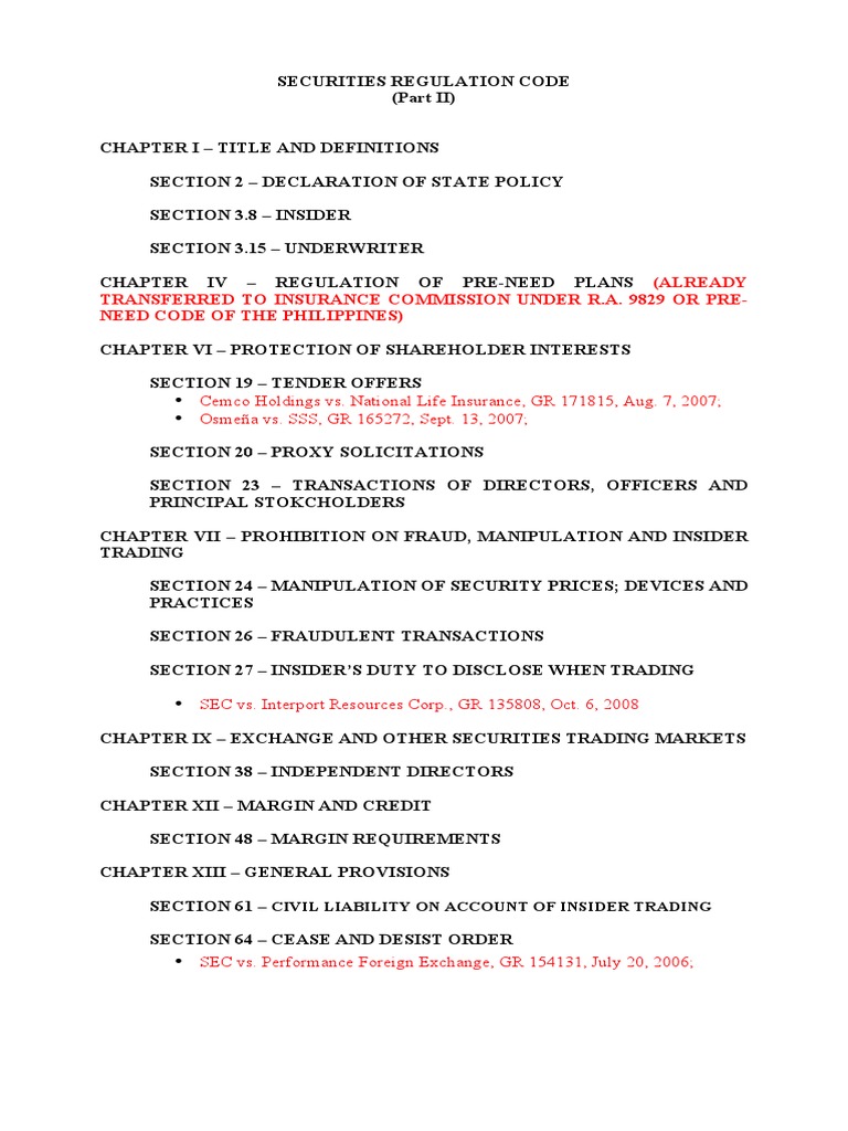 Key Provisions and Case Law Citations from the Philippines Securities ...