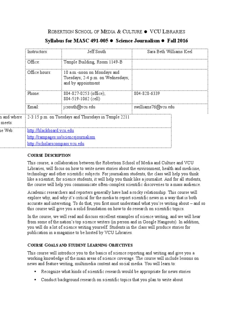 MASC 491: Science Journalism Syllabus | PDF | Journalism | Homework